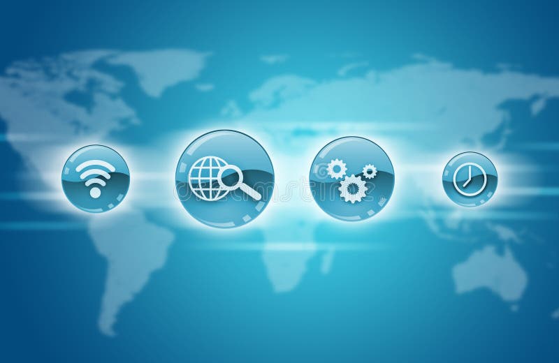 Blue Application Icons with World Map Stock Image - Image of globe ...