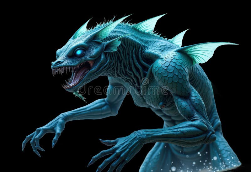 Blue Aquatic Creature with Sharp Teeth, Claws, and Fins on Transparent ...