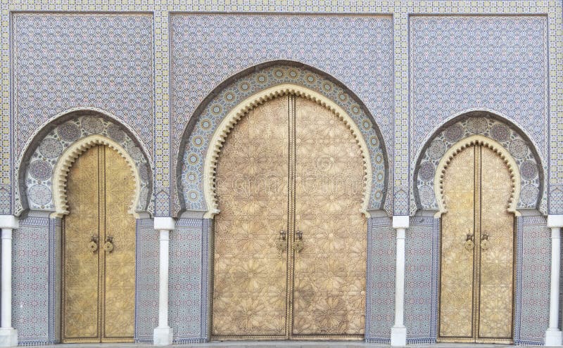 Blue Arched Tiled Doorway Iwth Three Golden Doors Stock Photo - Image ...