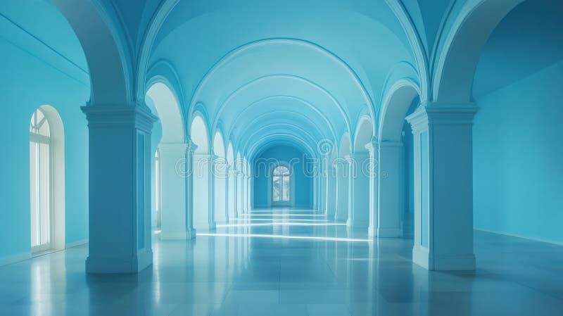 Blue Architectural Corridor with Arches and Light Stock Photo - Image ...