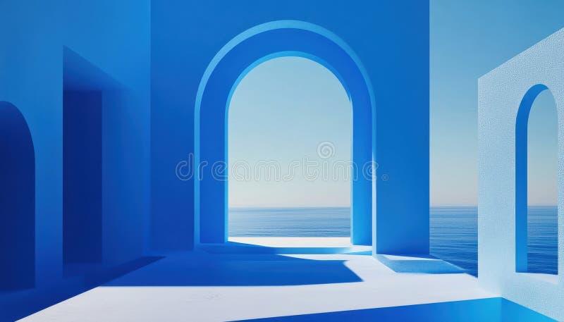 Blue Architectural Landscape with Arches Overlooking Calm Ocean Waters ...