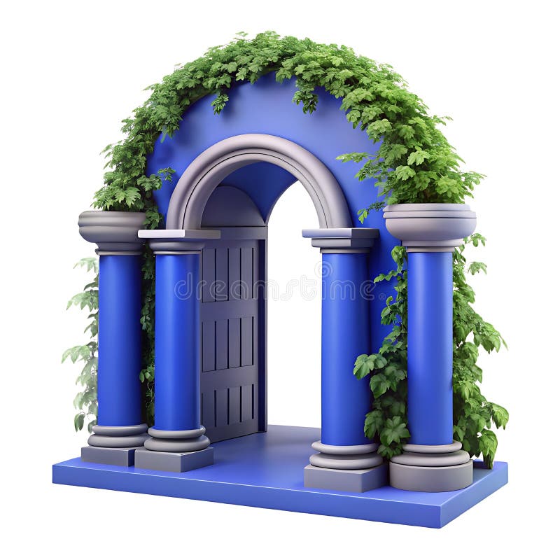 Blue Arched Doorway with Green Ivy on White Background Stock Illustration - Illustration of grey ...