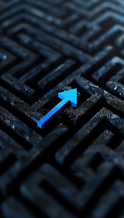 Blue Arrow Symbolizes Exit Strategy in a Deep Black Maze, Highlighting ...