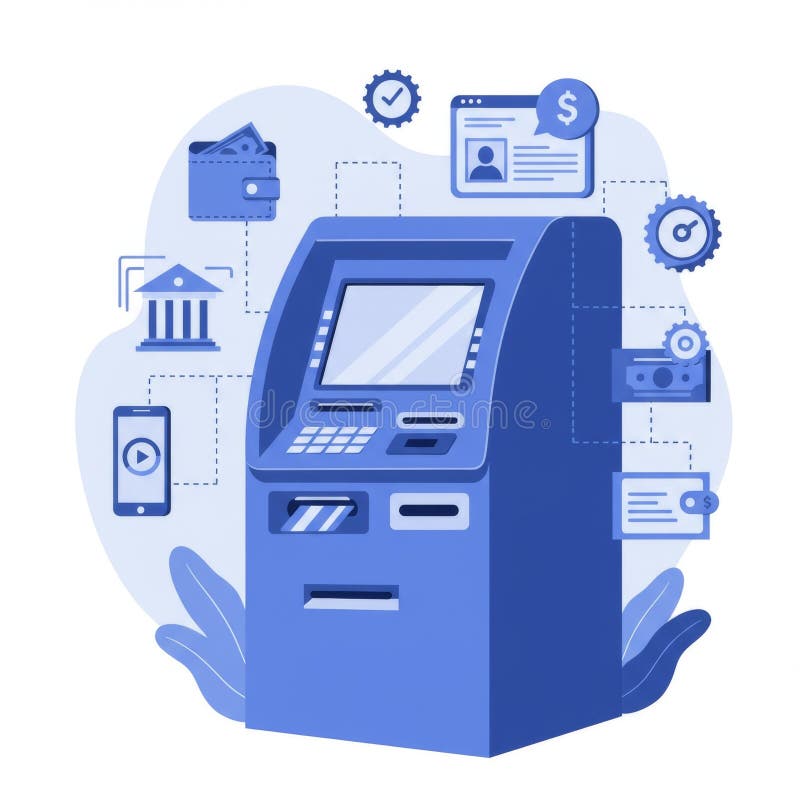 Blue ATM Machine Illustration with Digital Banking Elements Stock Photo ...