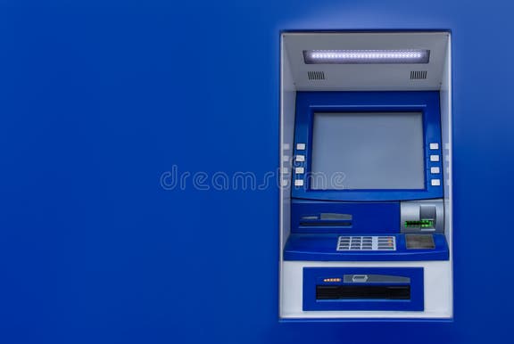 A Blue ATM Machine is Mounted on a Matching Blue Wall. Financial ...