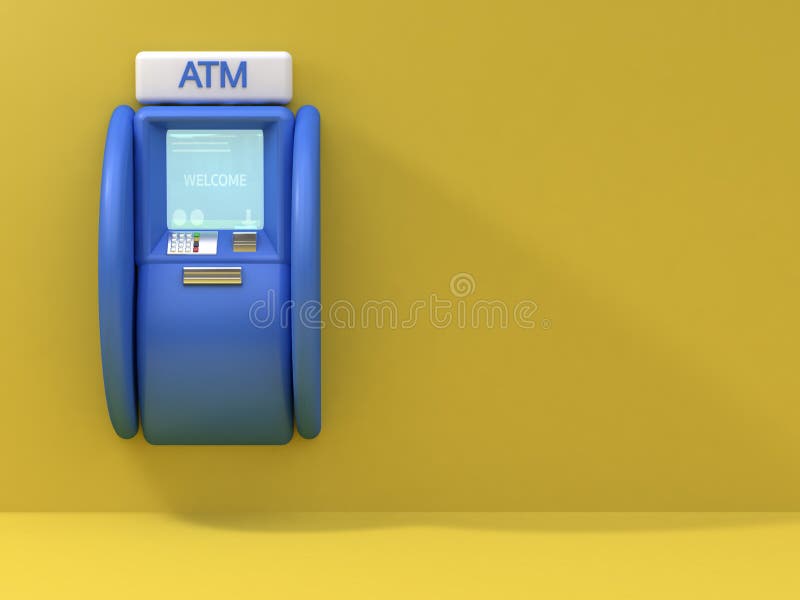 Blue ATM on Yellow Wall 3d Render Stock Illustration - Illustration of ...