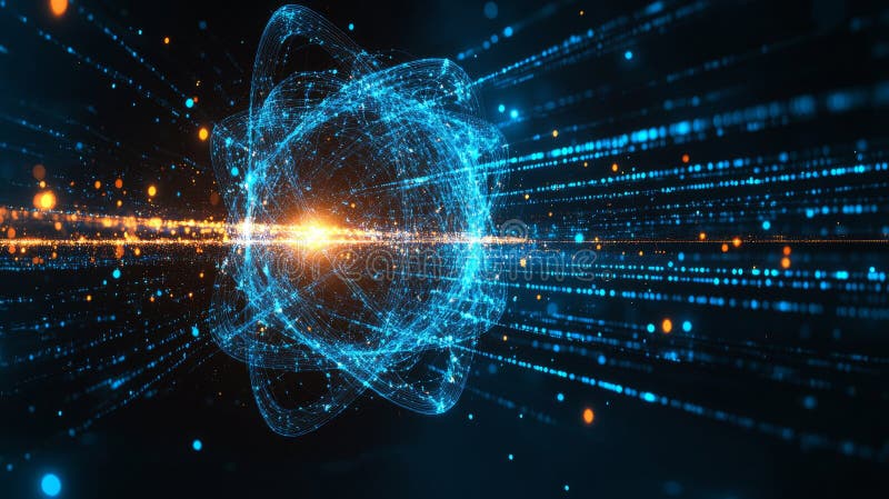 A Blue Atom Nucleus with Electrons Spinning Around it, Glowing with ...