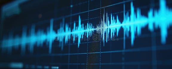 Blue Audio Spectrum on Computer Screen in Studio. Sound Wave, Equalizer ...