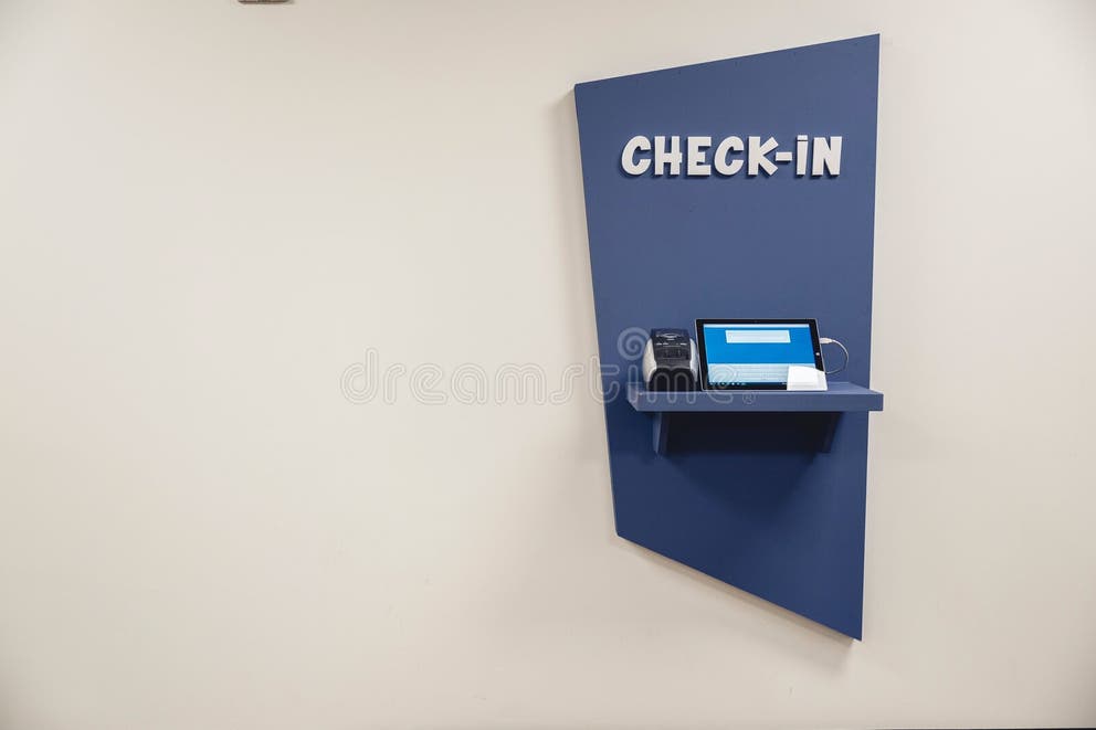 Blue Automated Check-in Machine Mounted on a Wall. Stock Photo - Image ...