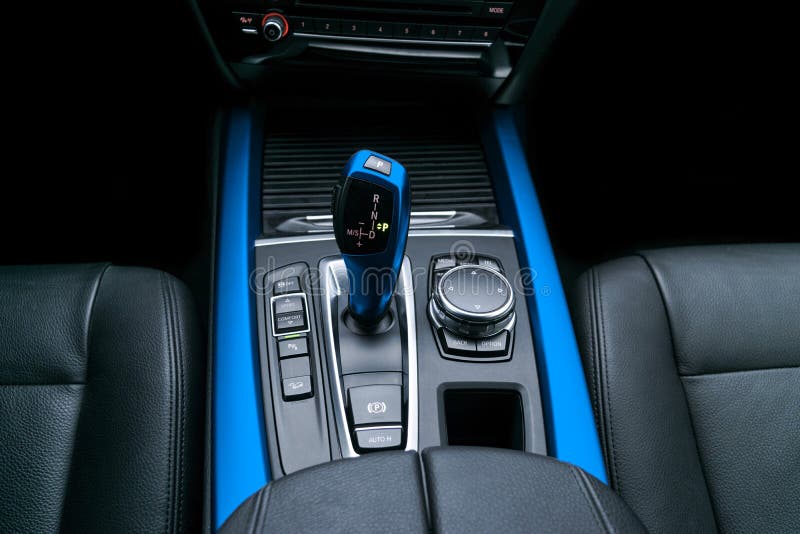 Blue Automatic Gear Stick Transmission of a Modern Car, Multimedia and ...