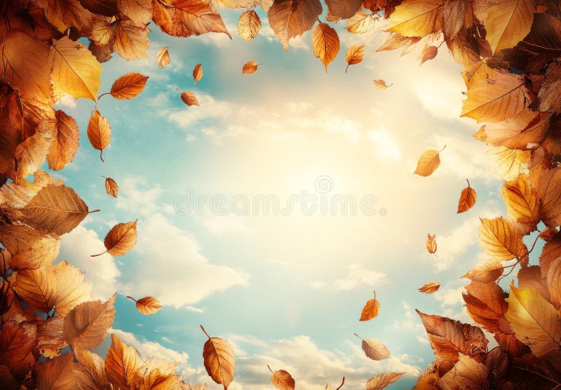 A Blue Autumn Background with a Design Featuring Yellow Leaves and a ...