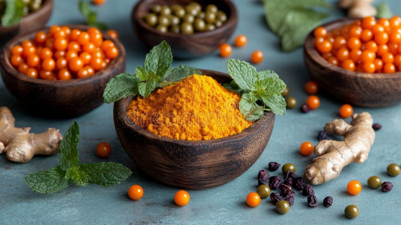 A Blue Backdrop Featuring Colorful Bowls of Spices and Herbs Stock ...