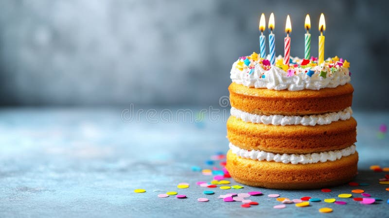A Blue Backdrop Featuring a White Birthday Cake with Candles, with ...