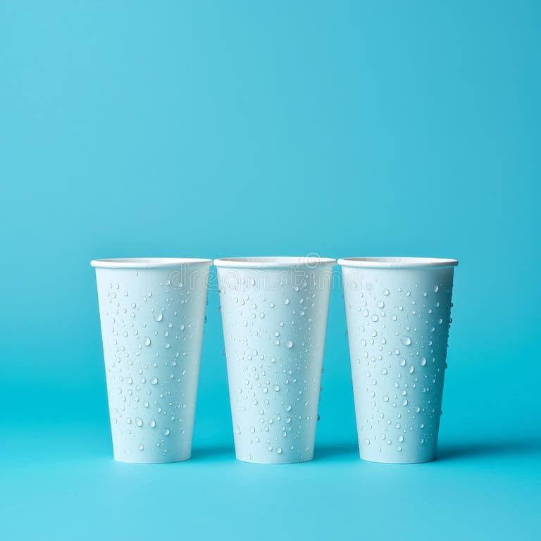 A Blue Backdrop with Water Droplets, Accompanied by Three White Ceramic ...