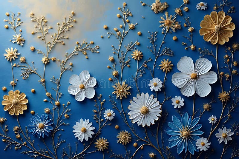 A Blue Background Adorned with White, Blue, and Gold Flowers and ...