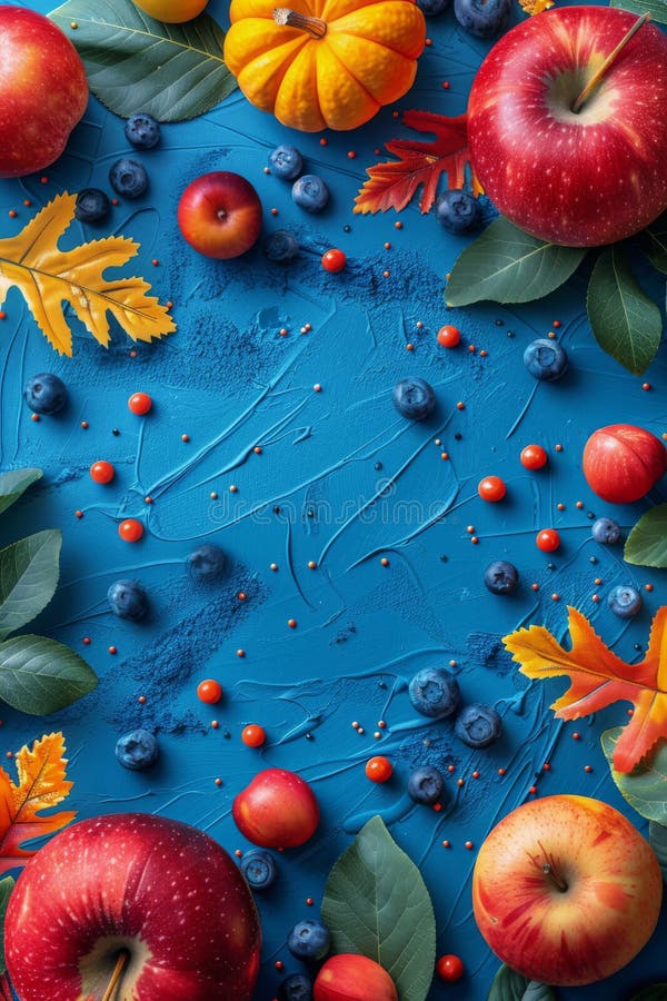 Blue Background with Apples, Berries, Leaves, and Acorns Stock Image ...