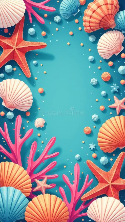 A Blue Background with a Bunch of Shells and Starfish Stock ...