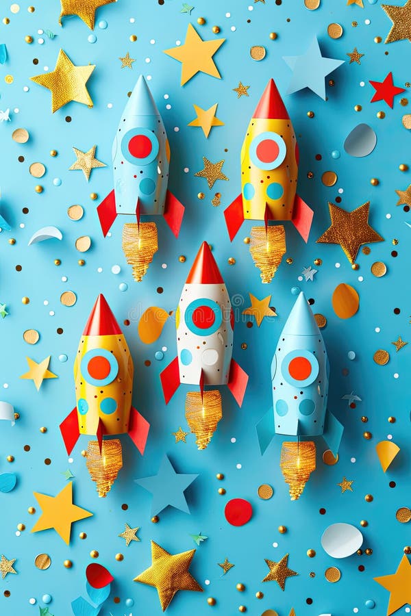 A Blue Background with a Bunch of Stars and Paper Rockets Stock Image ...