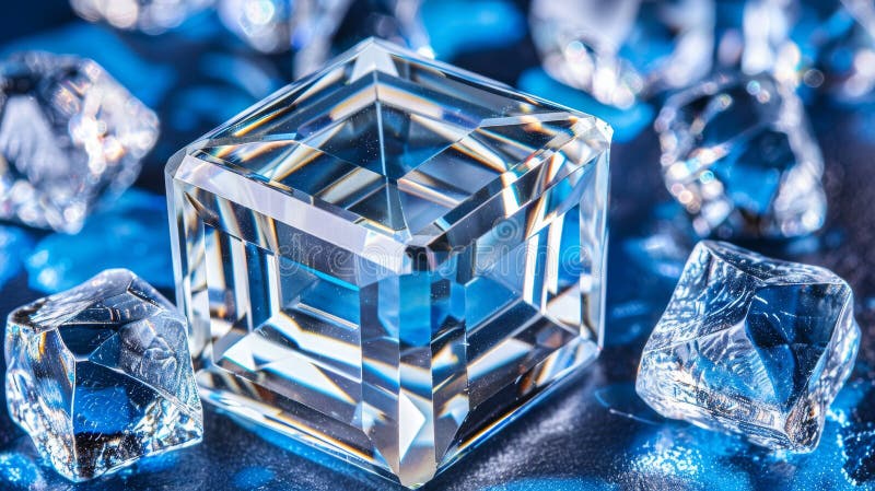 A Blue Background with a Clear Cube and a Bunch of Diamonds Stock ...