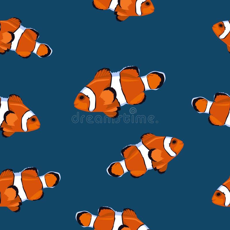 Blue Clownfish Sea Seamless Pattern. Drawing on White Background Stock ...