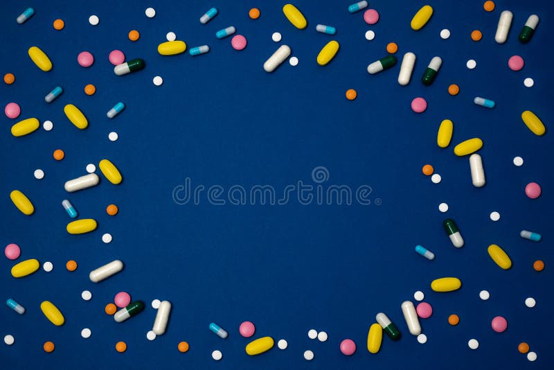 Excessive Intake of Drugs or Vitamins. Blue Background with a Variety ...