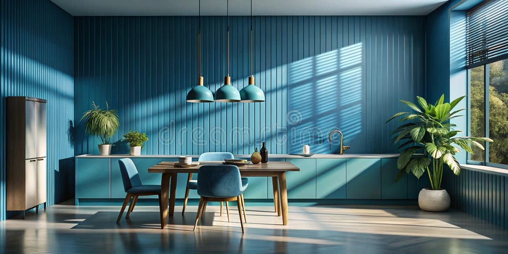 Blue Background Dark 3D Studio Minimal Kitchen Table Display Room ...