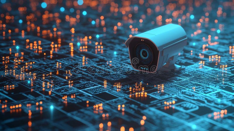 A Blue Background Displays a Wireframe Mesh of a CCTV Security Camera ...