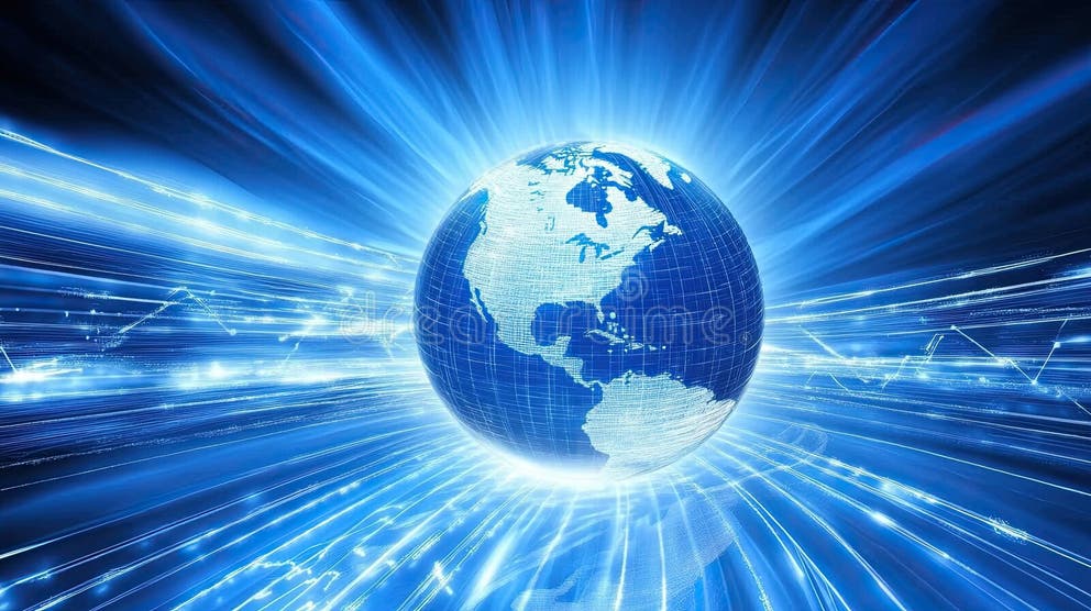 A Blue Background with an Earth Globe and Digital Lines, Global ...