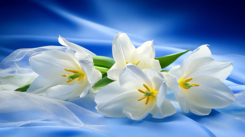 The Blue Background Features Elegant White Tulips Paired with Sheer ...