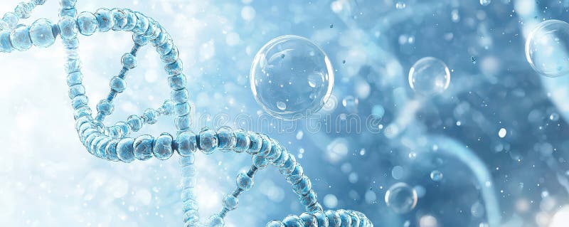 Blue Background Featuring DNA Strand Intertwined with Bubbles and Light ...