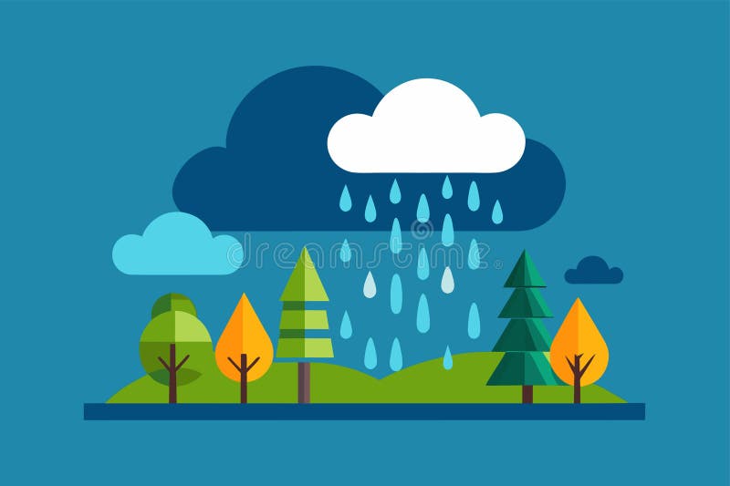 A Blue Background Featuring Trees, Clouds, and Rain Falling, Raining ...