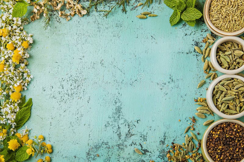 A Blue Background with a Frame of Fresh Herbs and Spices with Copy ...