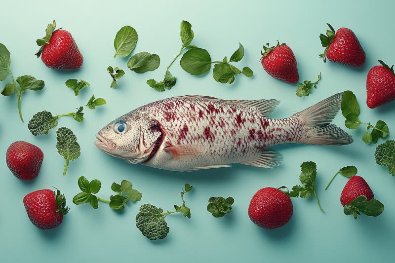 On a Blue Background, Fresh Fish and Ingredients are Shown, Surrounded ...