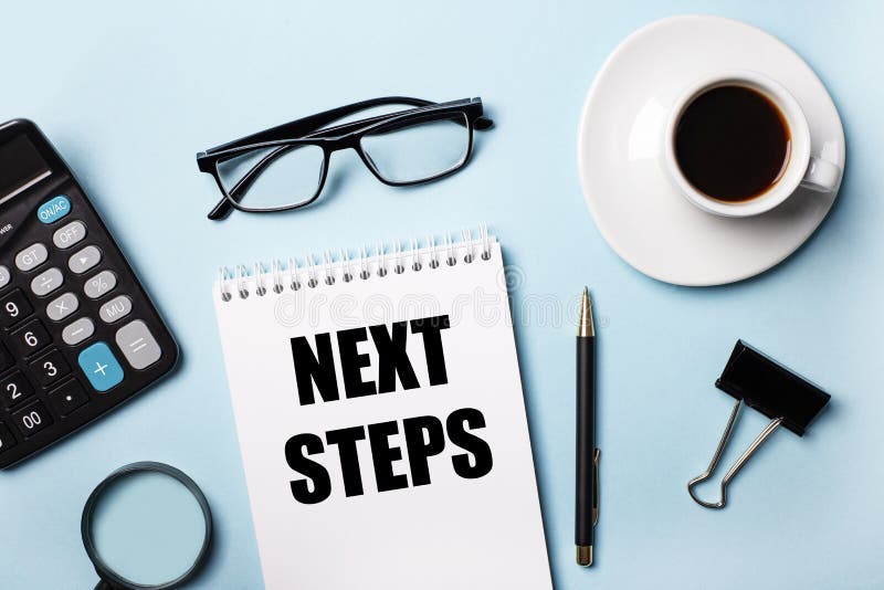 On a Blue Background, Glasses, Calculator, Coffee, Magnifier, Pen and ...