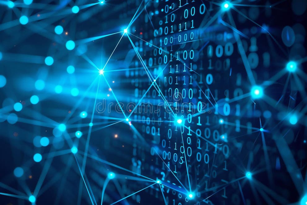 Blue Background with Glowing Digital Binary Code and Network Connections, Symbolizing Data ...