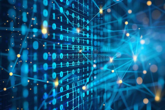 Blue Background with Glowing Digital Binary Code and Network ...