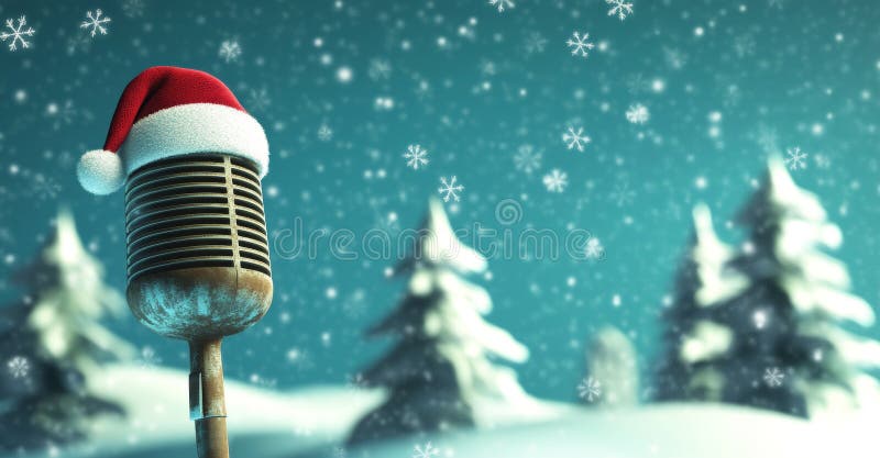 On a Blue Background, an Image of a Santa Hat on a Vintage Microphone ...