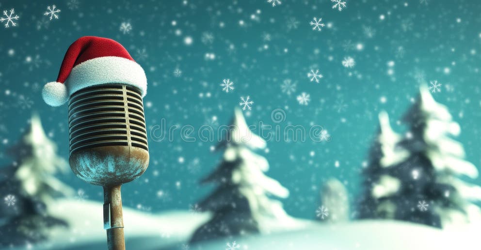 On a Blue Background, an Image of a Santa Hat on a Vintage Microphone ...