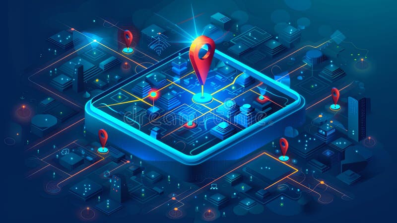 Blue Background with an Isometric GPS Tracking Map and a Red Marker Pin ...