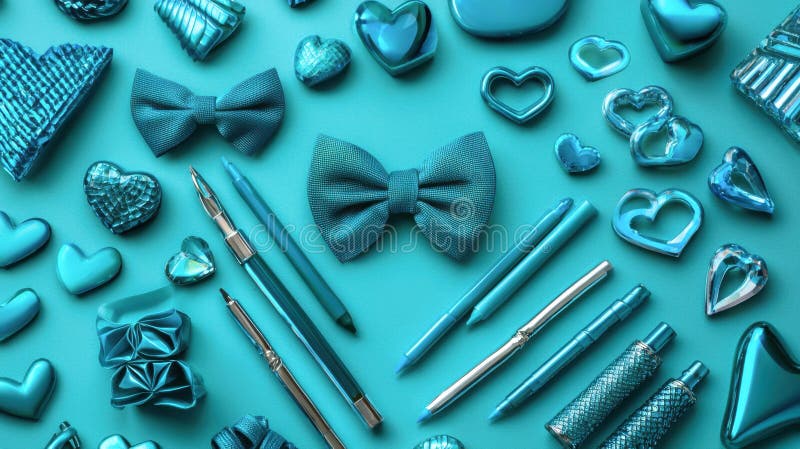 A Blue Background with Many Blue Objects Including a Bow Tie, a Pen ...