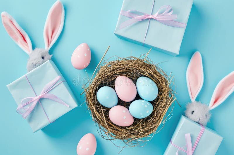 Blue Background Nest Eggs Pair Rabbits Stock Photos - Free & Royalty ...