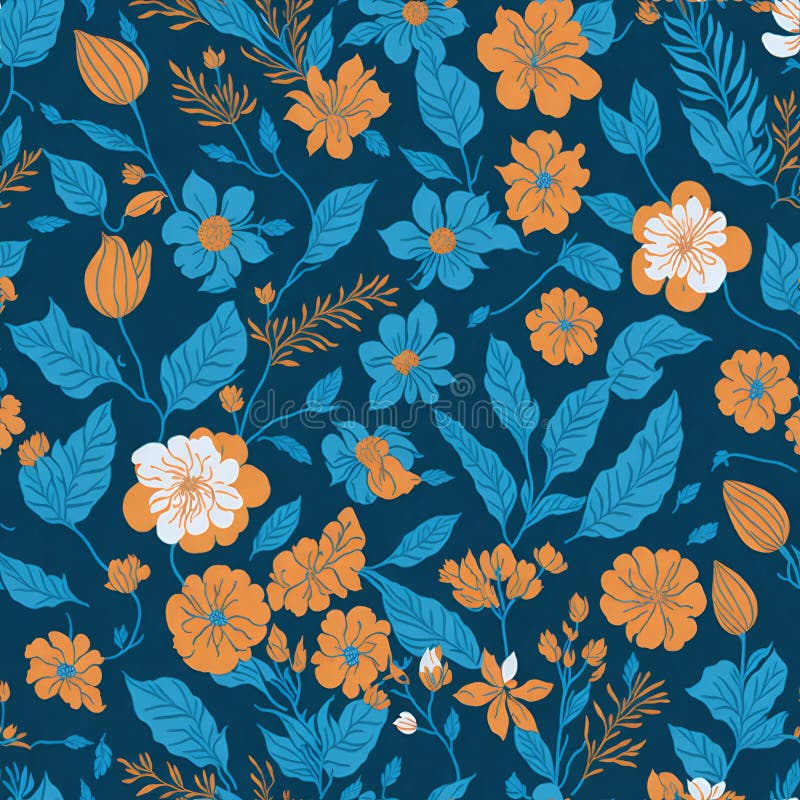 A Blue Background with Orange and Blue Flowers and Leaves, a Repeating ...