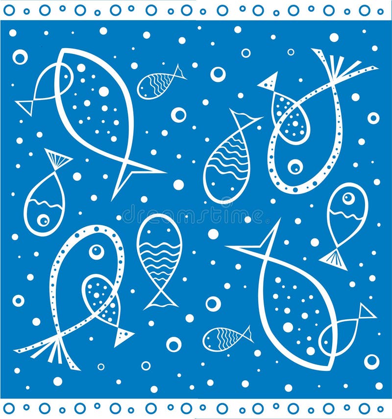 Blue Background with Outline Drawn Fish Stock Vector - Illustration of ...