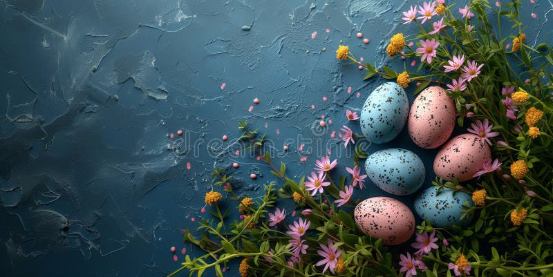 Blue Background with Pink Flowers and Three Easter Eggs Stock ...