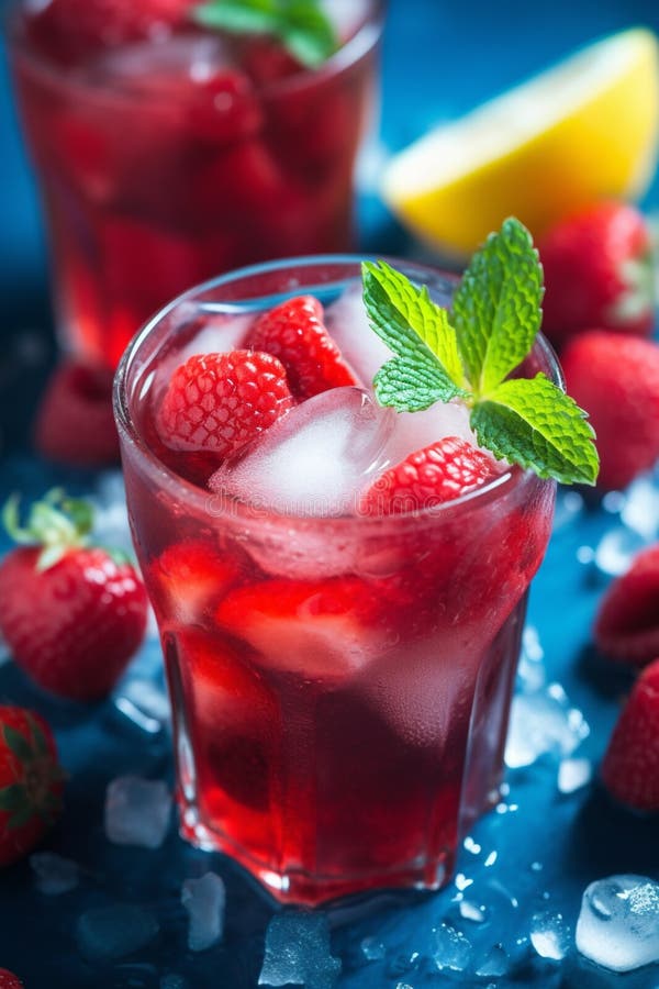 On a Blue Background Raspberry Mint Lemonade Fresh Generated Ai Stock ...