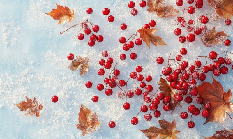 A Blue Background with Red Berries and Leaves Stock Photo - Image of ...