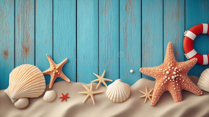 A Blue Background with a Red and White Life Preserver and a Starfish ...