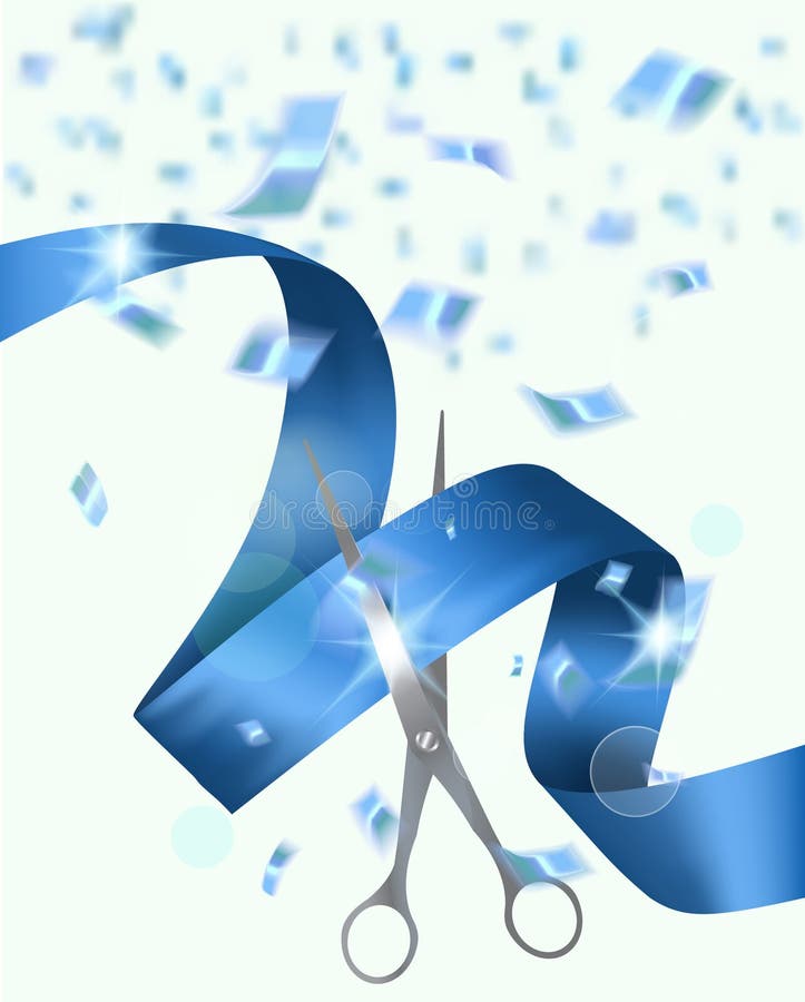 Blue Background with Scissors Ribbon and Confetti. Grand Opening ...