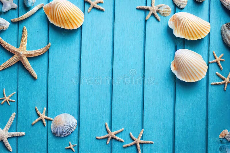 A Blue Background with Sea Shells and Starfish on it S Sides and a Blue ...