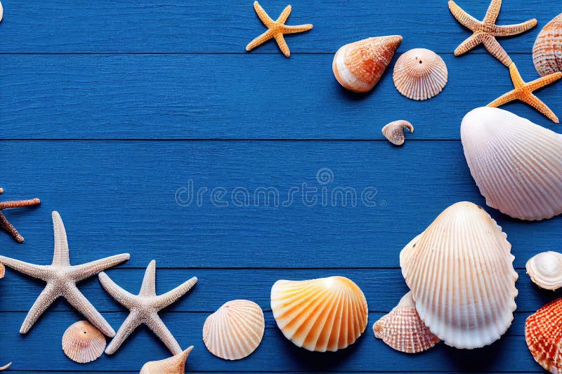 A Blue Background with Sea Shells and Starfish on it S Sides and a ...
